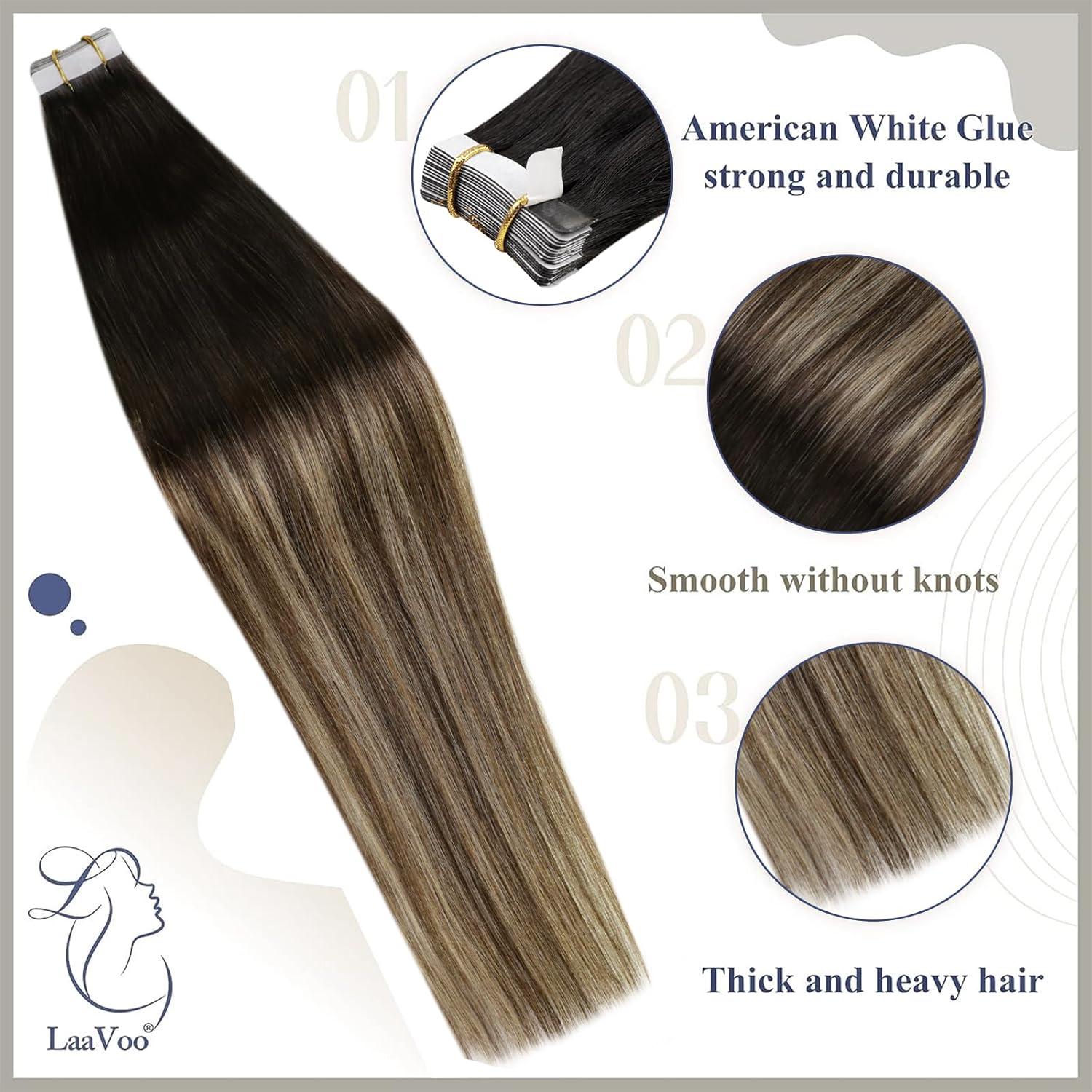 Buy Laavoo 45cm Tape In Real Hair Extensions - Ombre Black to Caramel ...