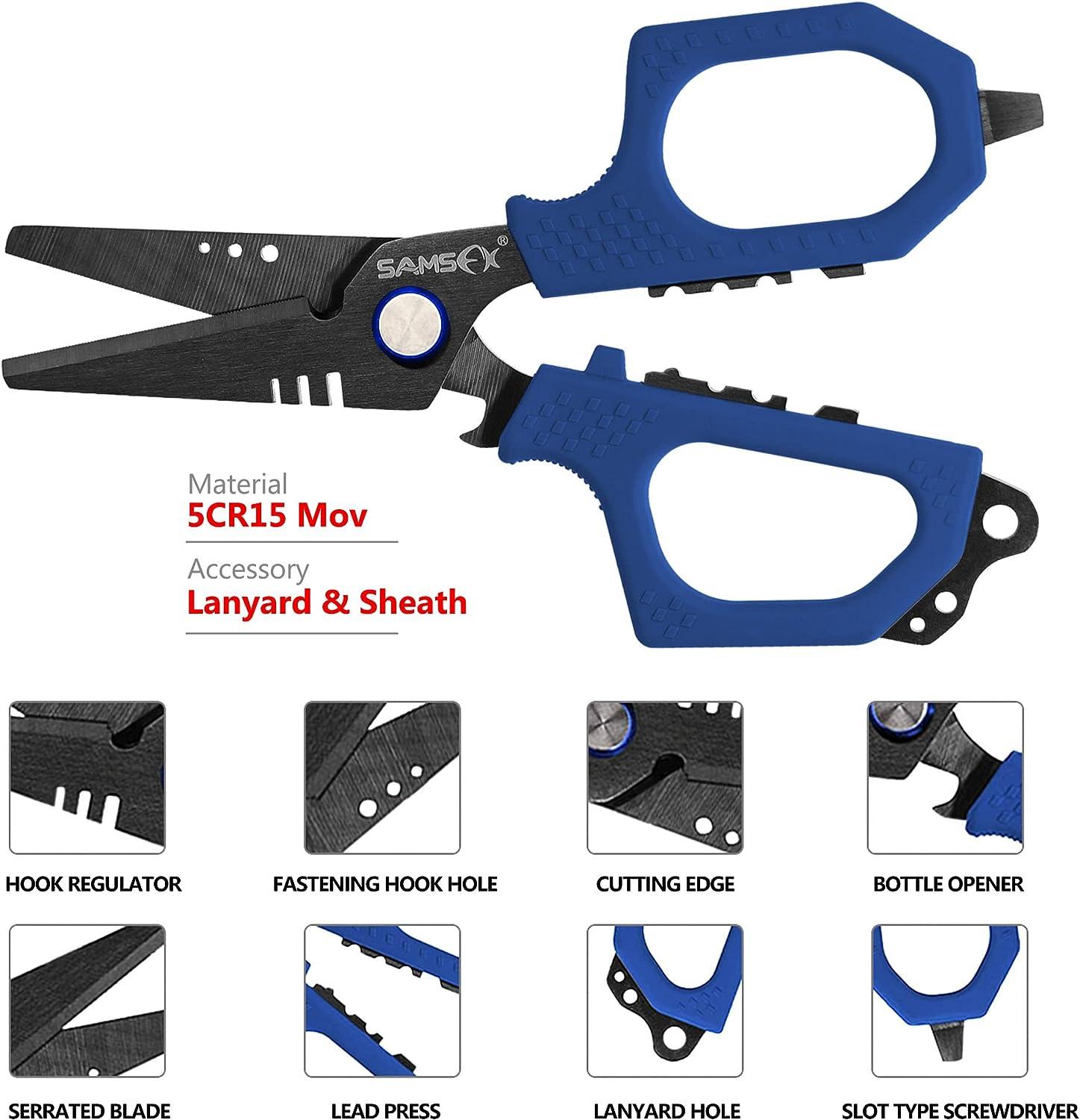 SAMSFX Fishing Braid Line Scissors with Titanium Coating, Dual-Serrated Blade, Kraton Handle ...