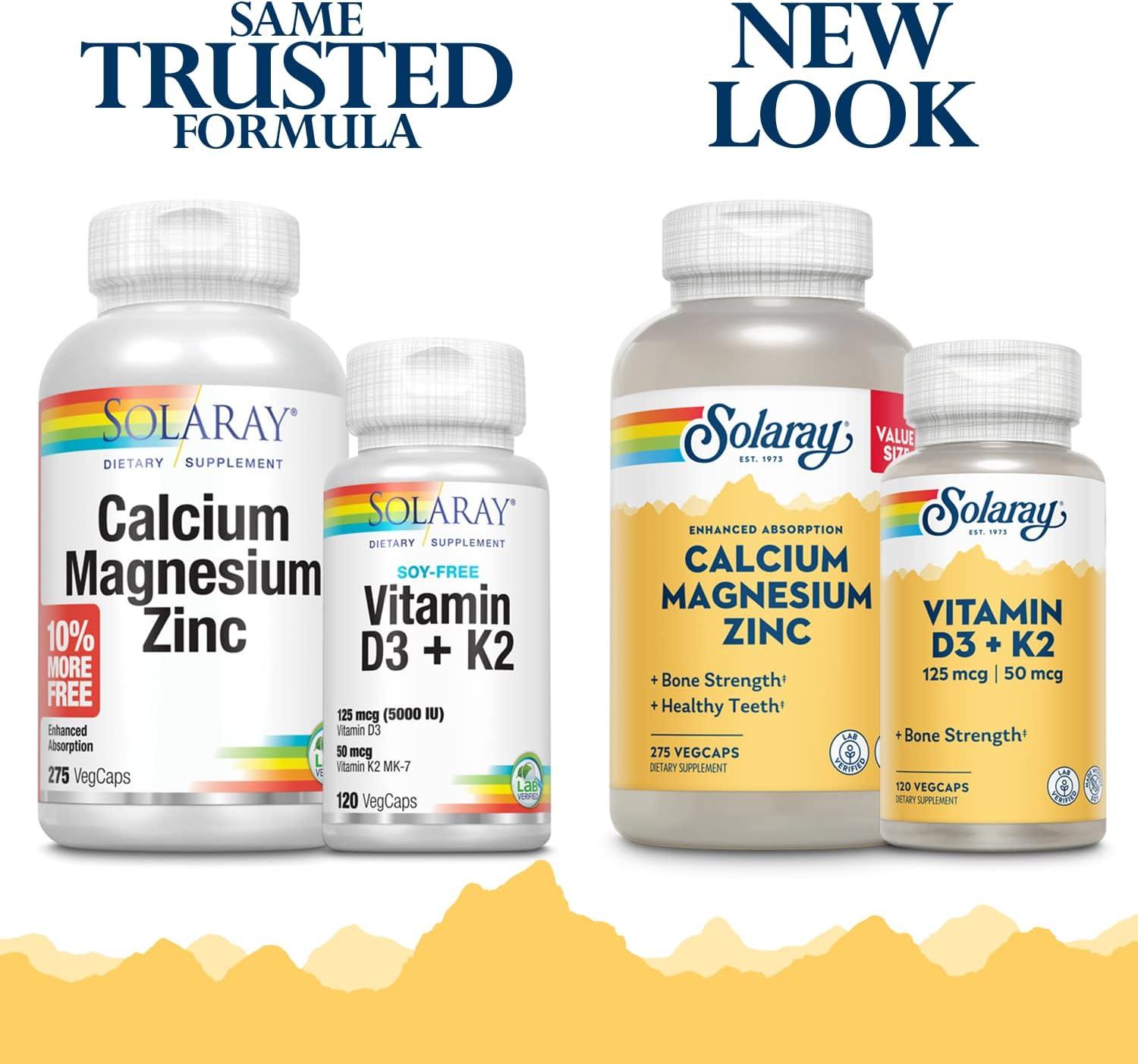 SOLARAY Calcium Magnesium Zinc 275ct + Vitamin D3 K2 120ct Bundle for ...