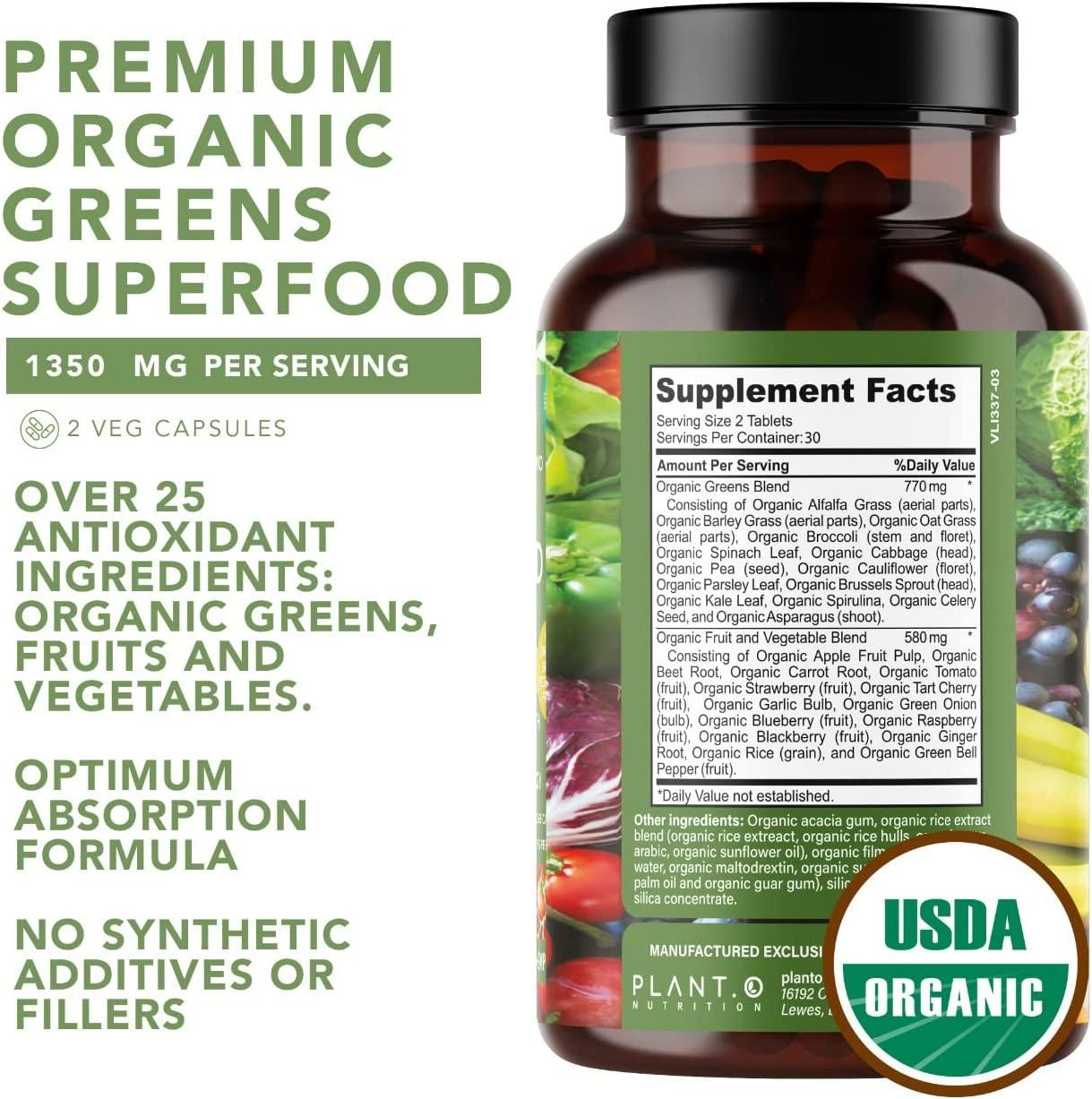Plant.O Organic Super Greens Fruit & Veggie Supplement - High ...
