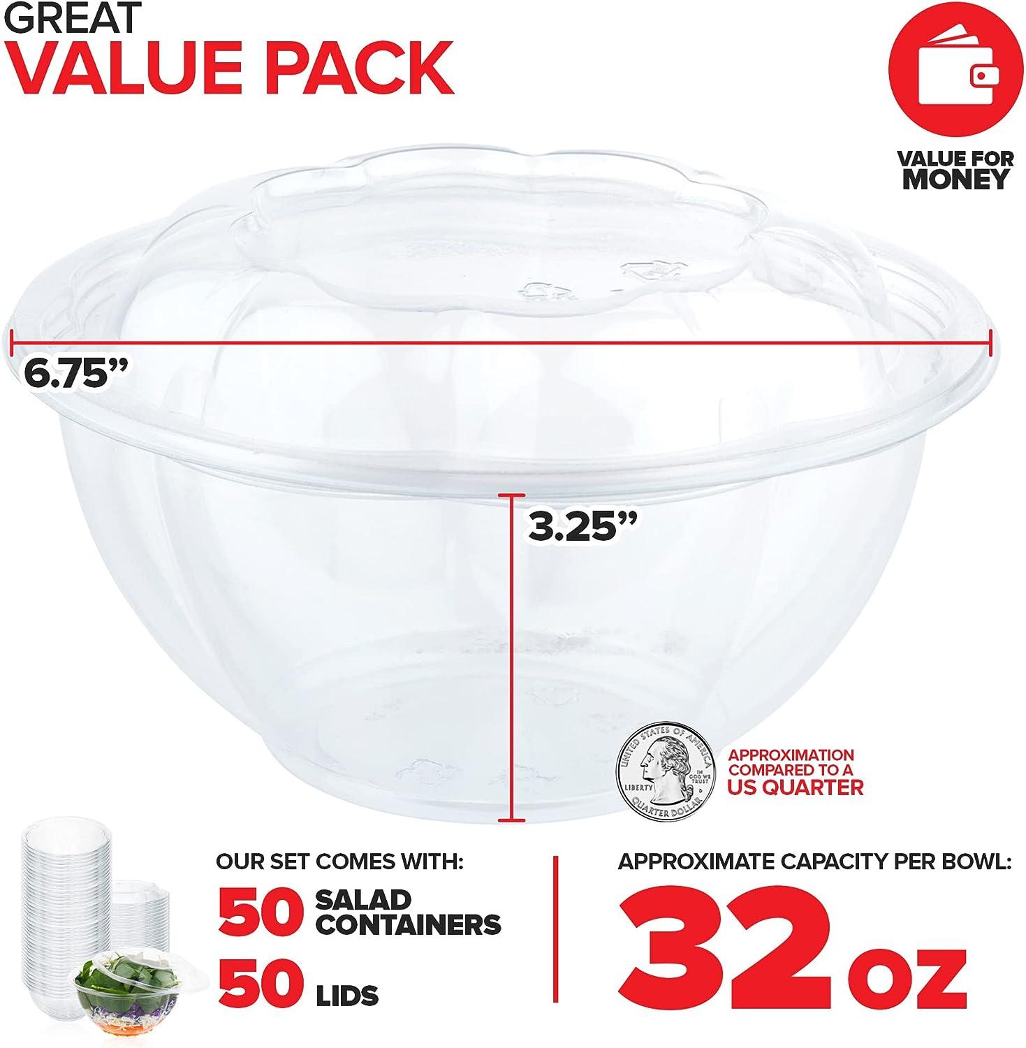 Stock Your Home 32oz Clear Plastic Salad Bowls with Lids - 50 Pack Disposable Containers for ...