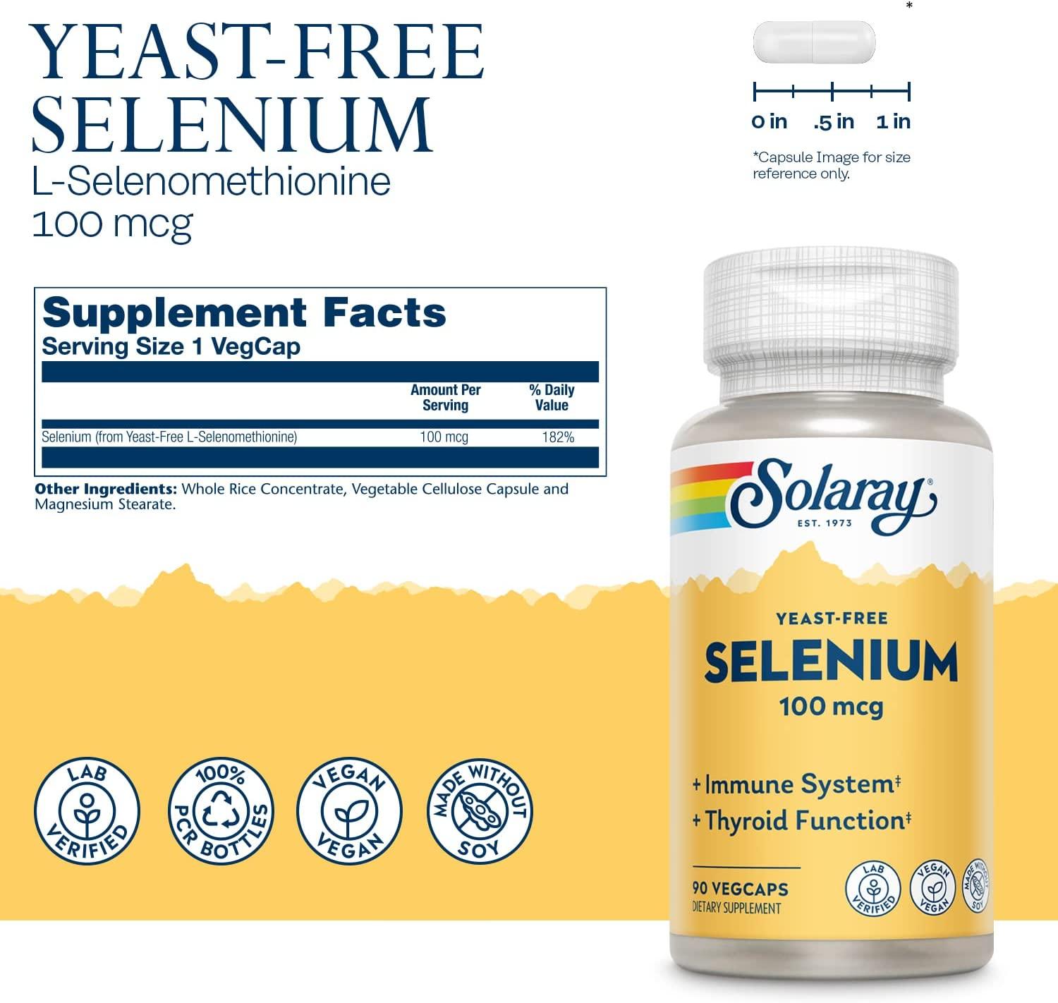 Solaray Yeast Free Selenium 100mcg - Immune & Thyroid Support - 90 VegCaps
