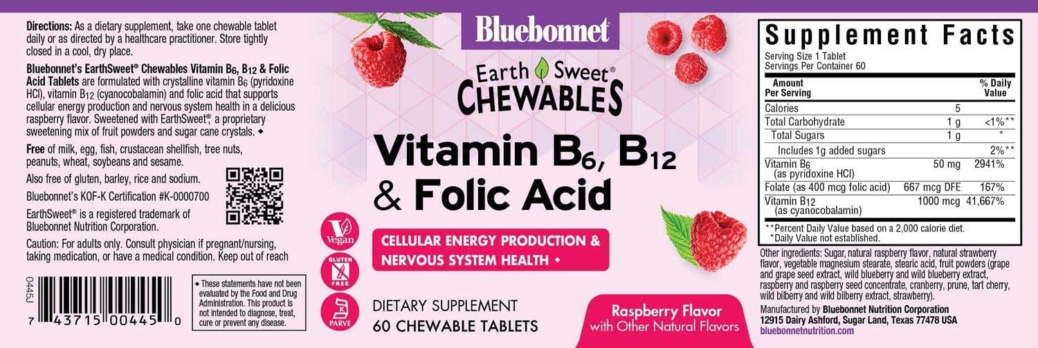 Bluebonnet Nutrition Vitamin B6 B12 + Folic Acid Raspberry Chewables ...