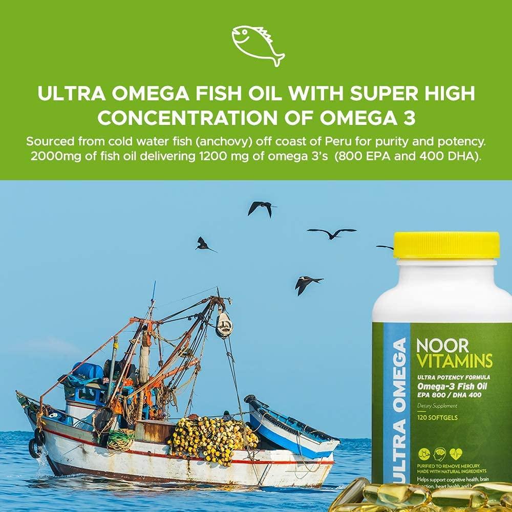 Noor Vitamins Ultra Omega 3 Halal Fish Oil - 2000mg, 800mg EPA, 400mg ...