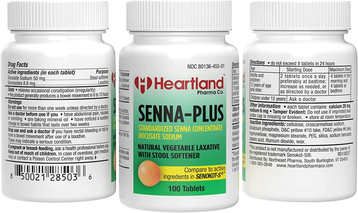 Heartland Pharma Senna Plus Stool Softener and Laxative Tablets - 100 ...