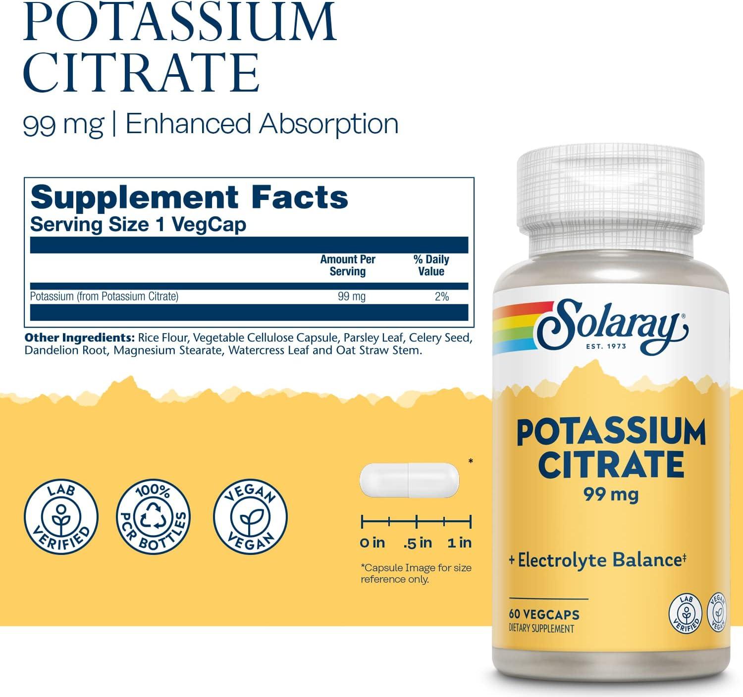 Solaray Potassium Citrate 60 VegCaps - Vegan Support for Electrolyte ...