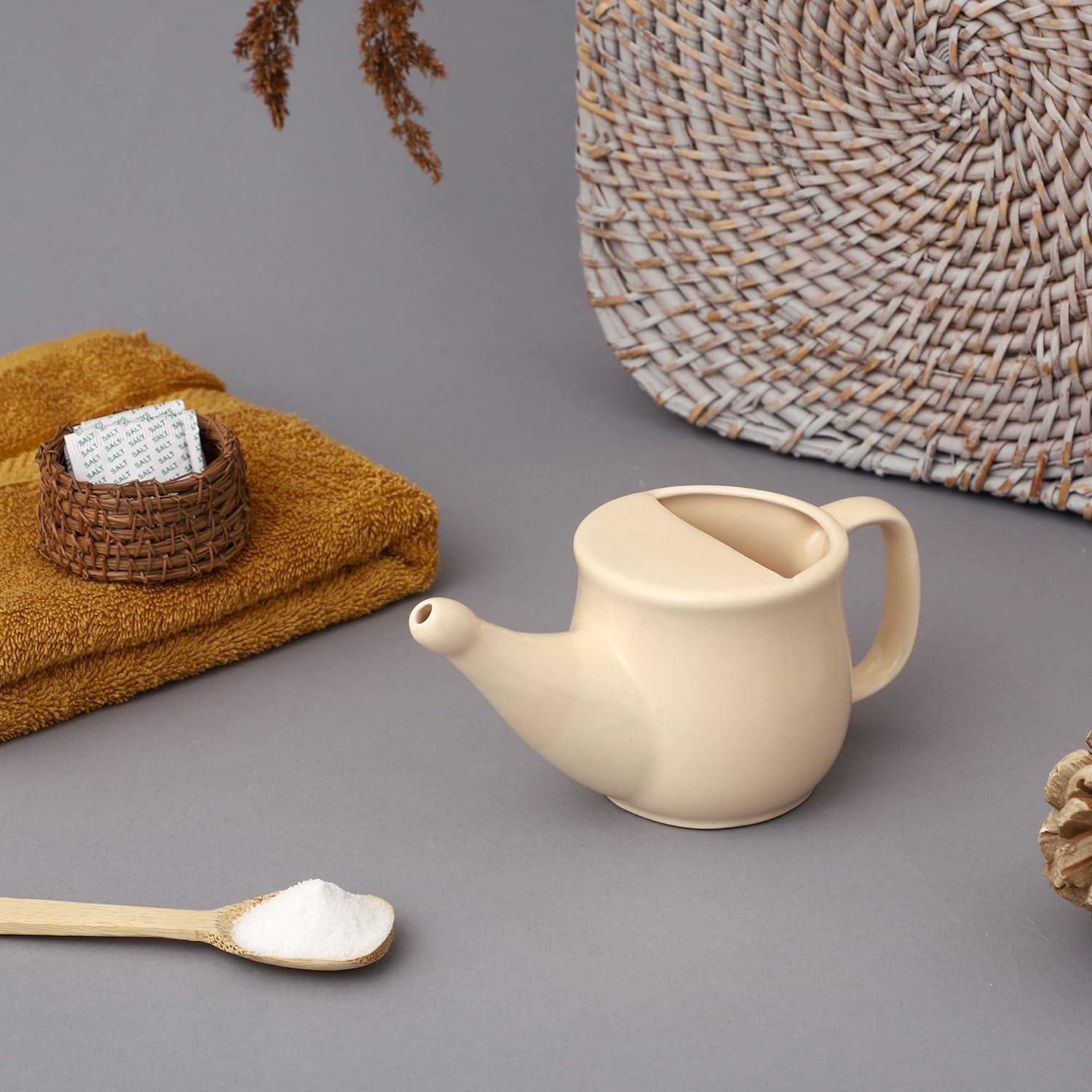 Spill Proof Ceramic Neti Pot Set - Beige, 250 ML - 5 Sachet Neti Salt ...