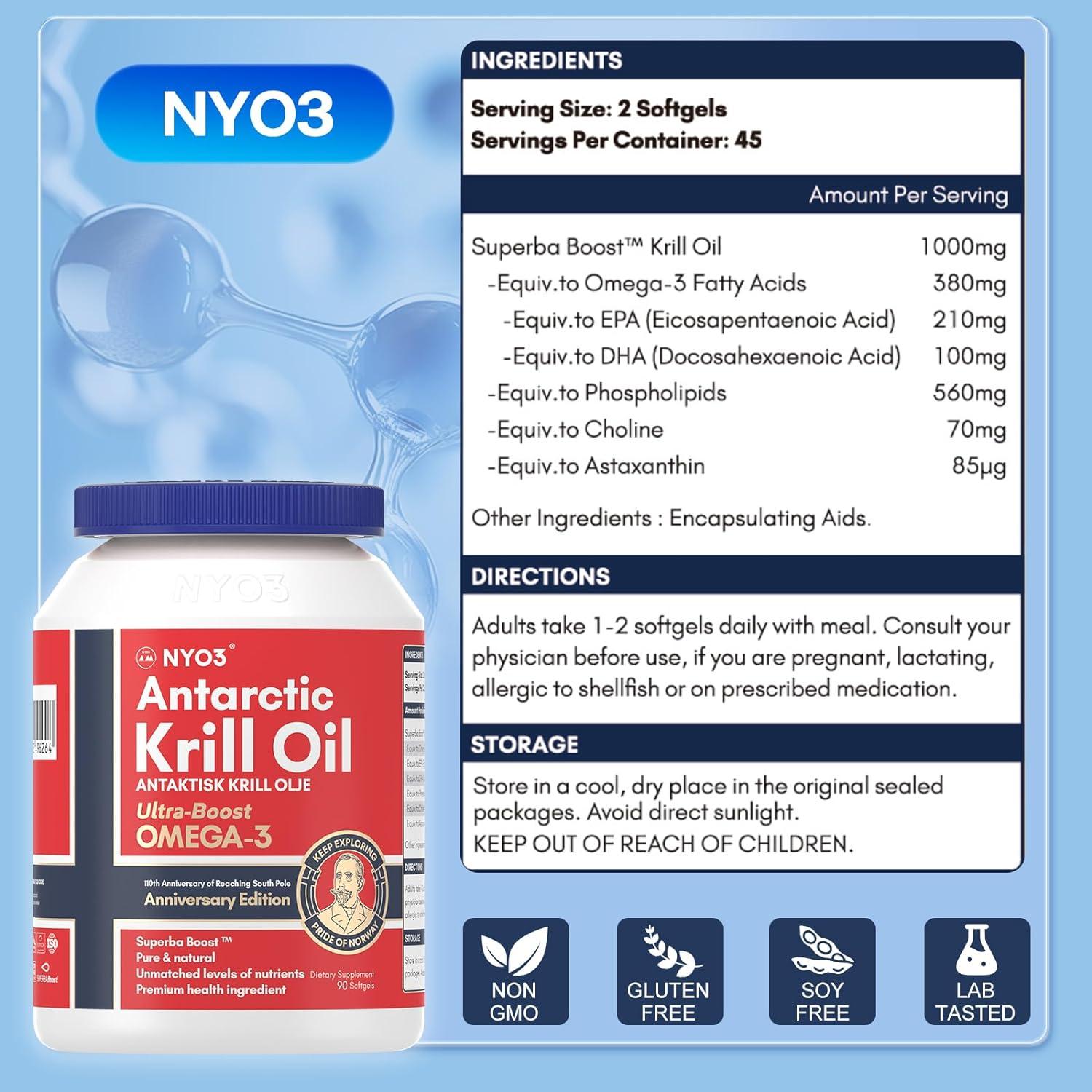 NYO3 Krill Oil 1000mg Omega 3 Supplement EPA & DHA 90 Softgels ...