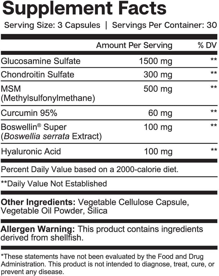 Joint Support Supplement with Glucosamine, Chondroitin, MSM, Boswellia, Hyaluronic Acid - 90 ...