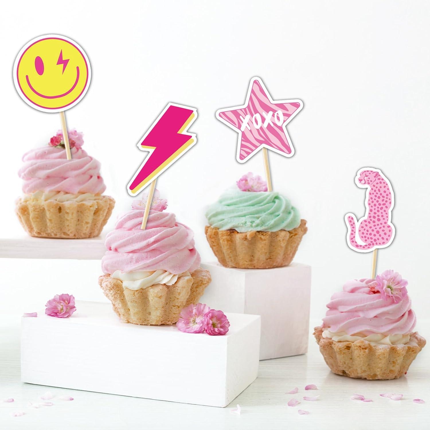 Whaline 40Pcs Preppy Pink Party Cupcake Toppers 10 Designs Paper Cake ...