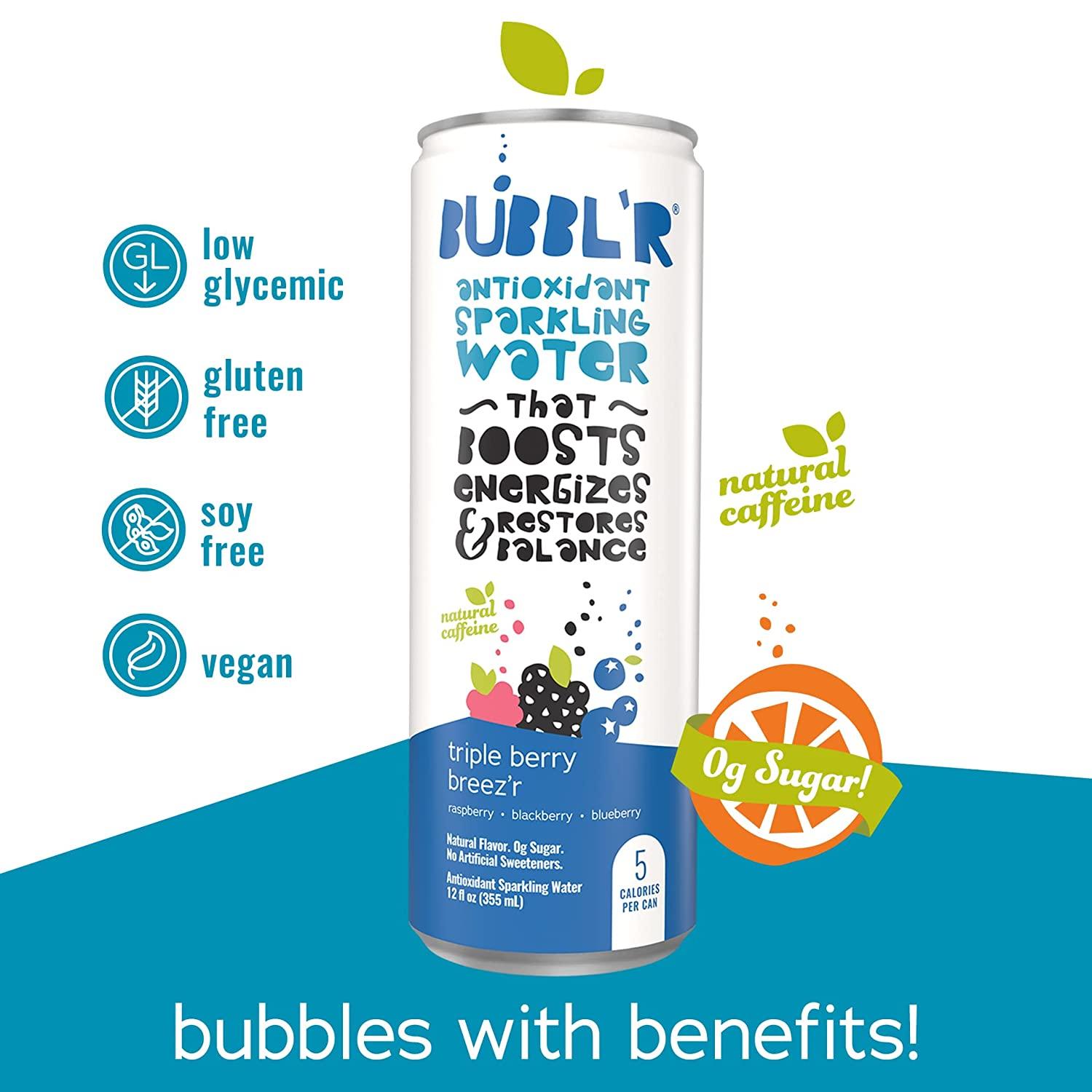 BUBBL'R Triple Berry Breez'r Antioxidant Sparkling Water | Natural Caffeine, 0g Sugar, Gluten ...