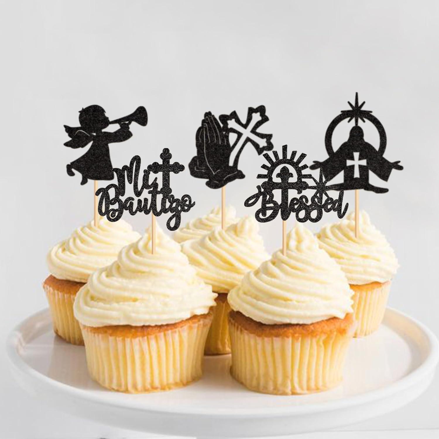 Ercadio 25 Pack Mi Bautizo Cupcake Toppers Black Glitter Cross Angel ...