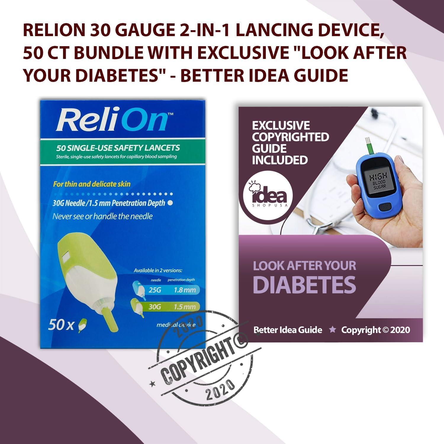 ReliOn 30 Gauge 2-in-1 Lancing Device 50 Ct Bundle + Better Idea Guide ...