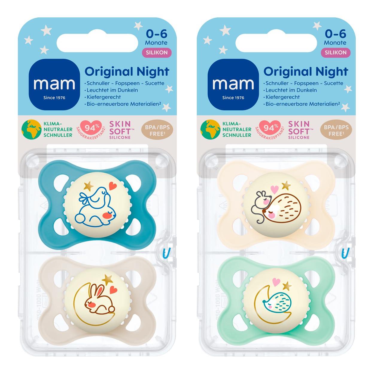 MAM Original Night Silicone Pacifiers Set of 4 | Glow in the Dark Tooth ...