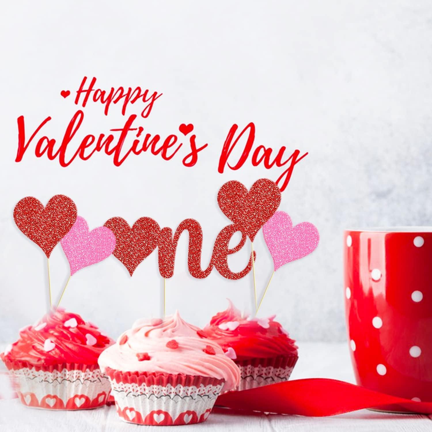 Valentines One Cake Topper and 24Pcs Valentines Heart Cupcake Toppers ...