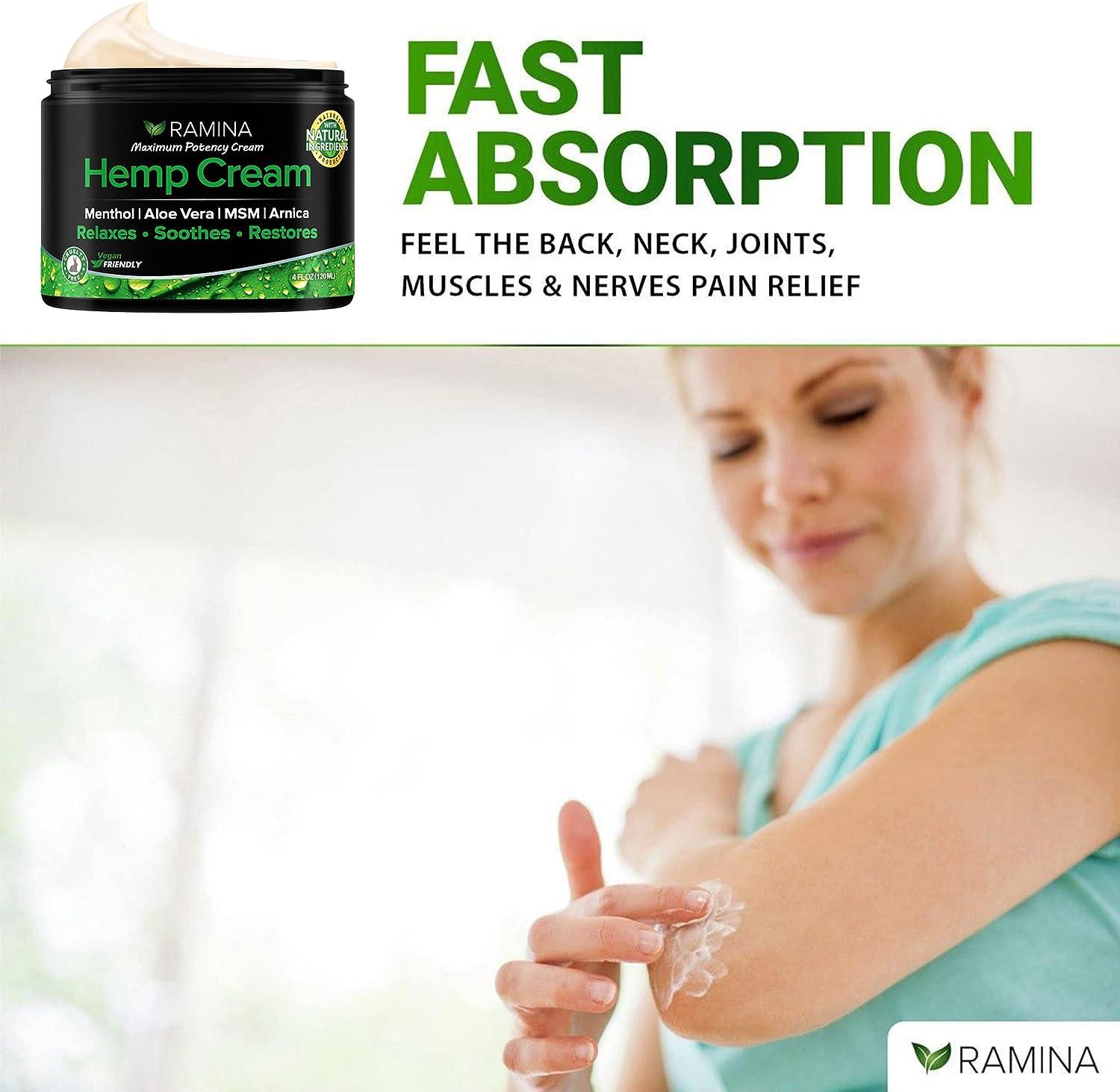 Ramina Natural Hemp Extract Cream with Menthol, MSM & Arnica - Made in ...