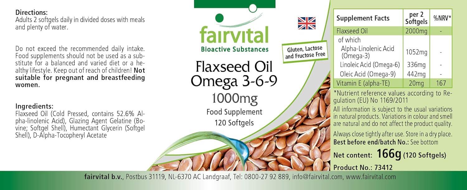 Fairvital | Flaxseed Oil Softgels - 120 Count - Omega 3 6 9 with High ...