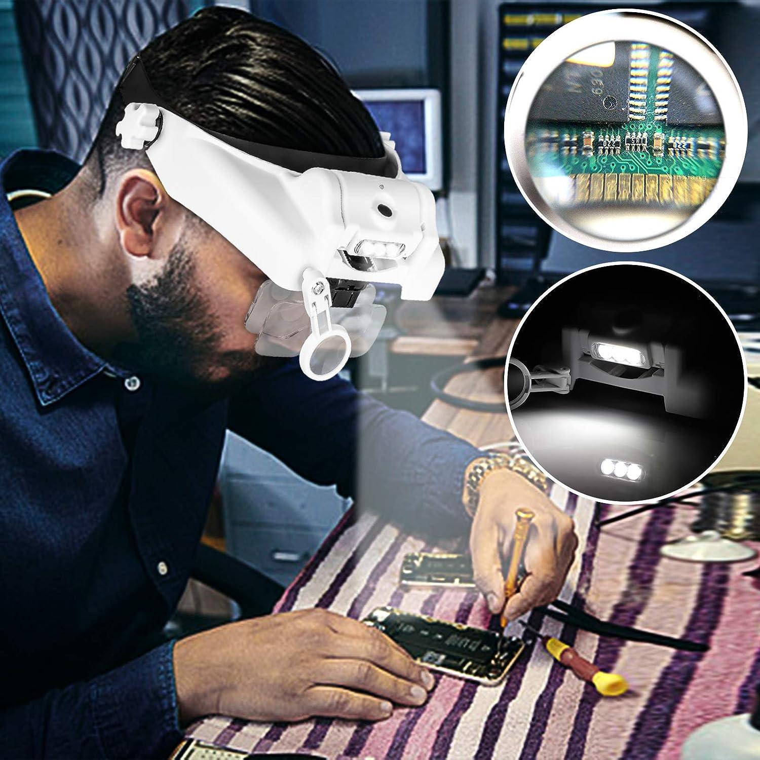 Headband Magnifier with LED Light 1X to 14X SUNJOYCO Handsfree Head ...