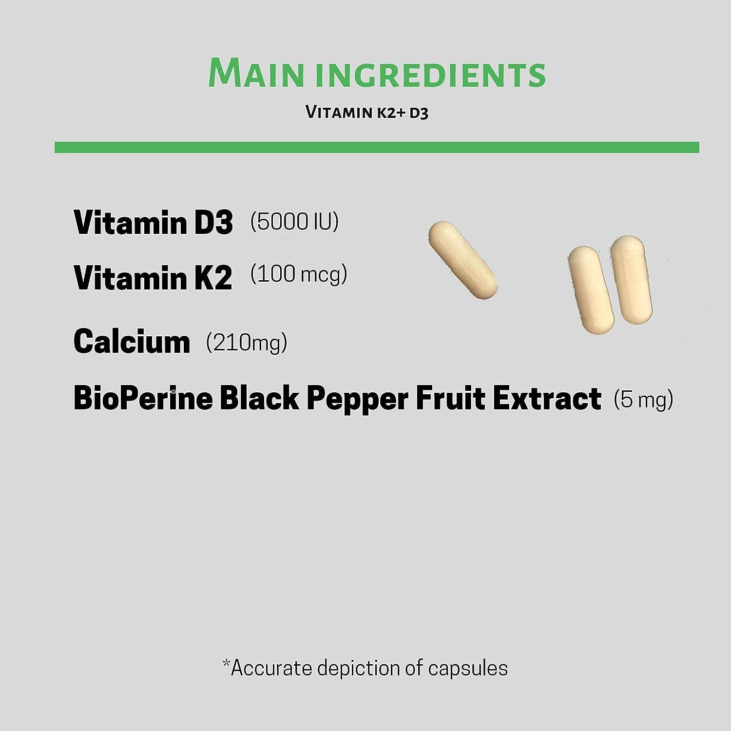 Vitamin K2 + D3 with Calcium & BioPerine - Vitamin D3 5000 IU (125mcg ...