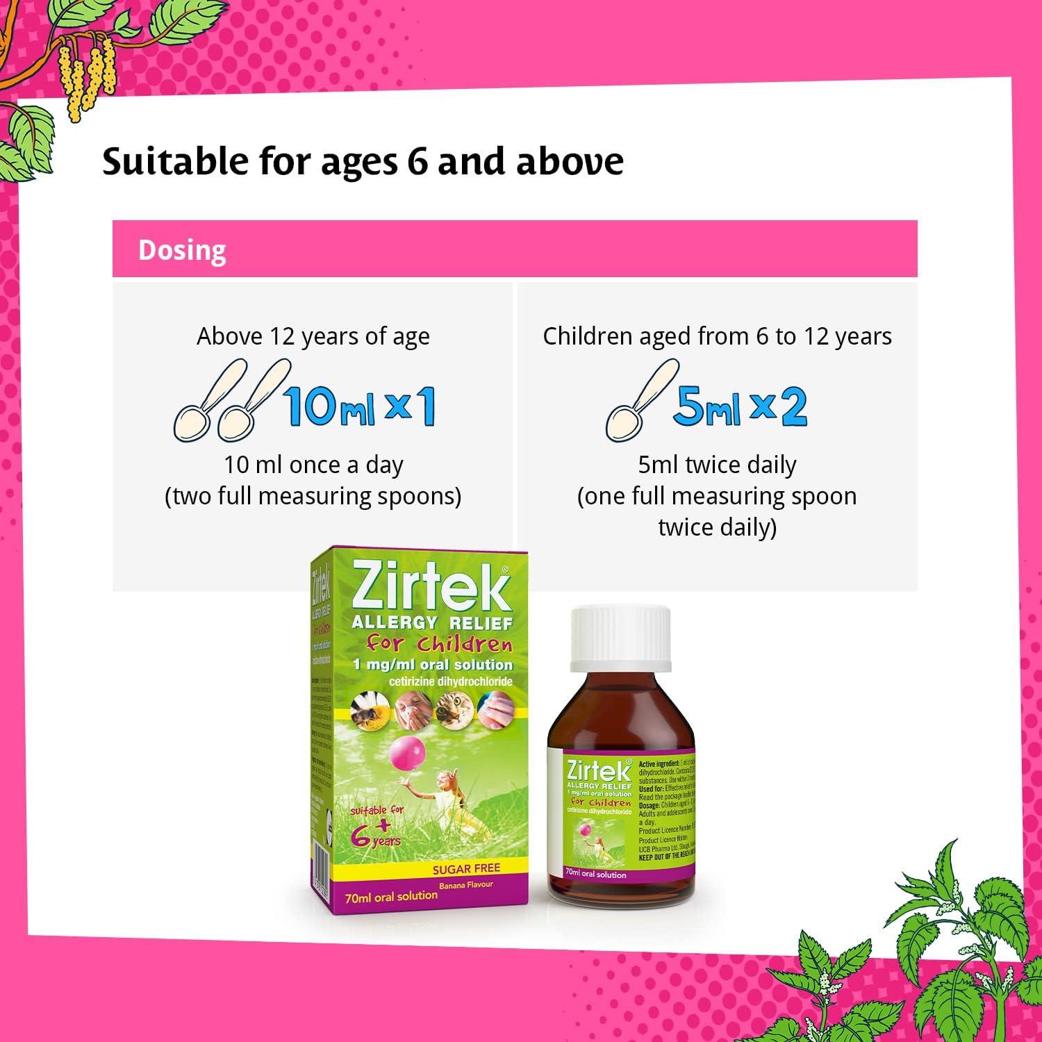 Zirtek Children's Allergy Relief Syrup 70ml | Cetirizine Antihistamine for Hayfever, Dust, Pets ...