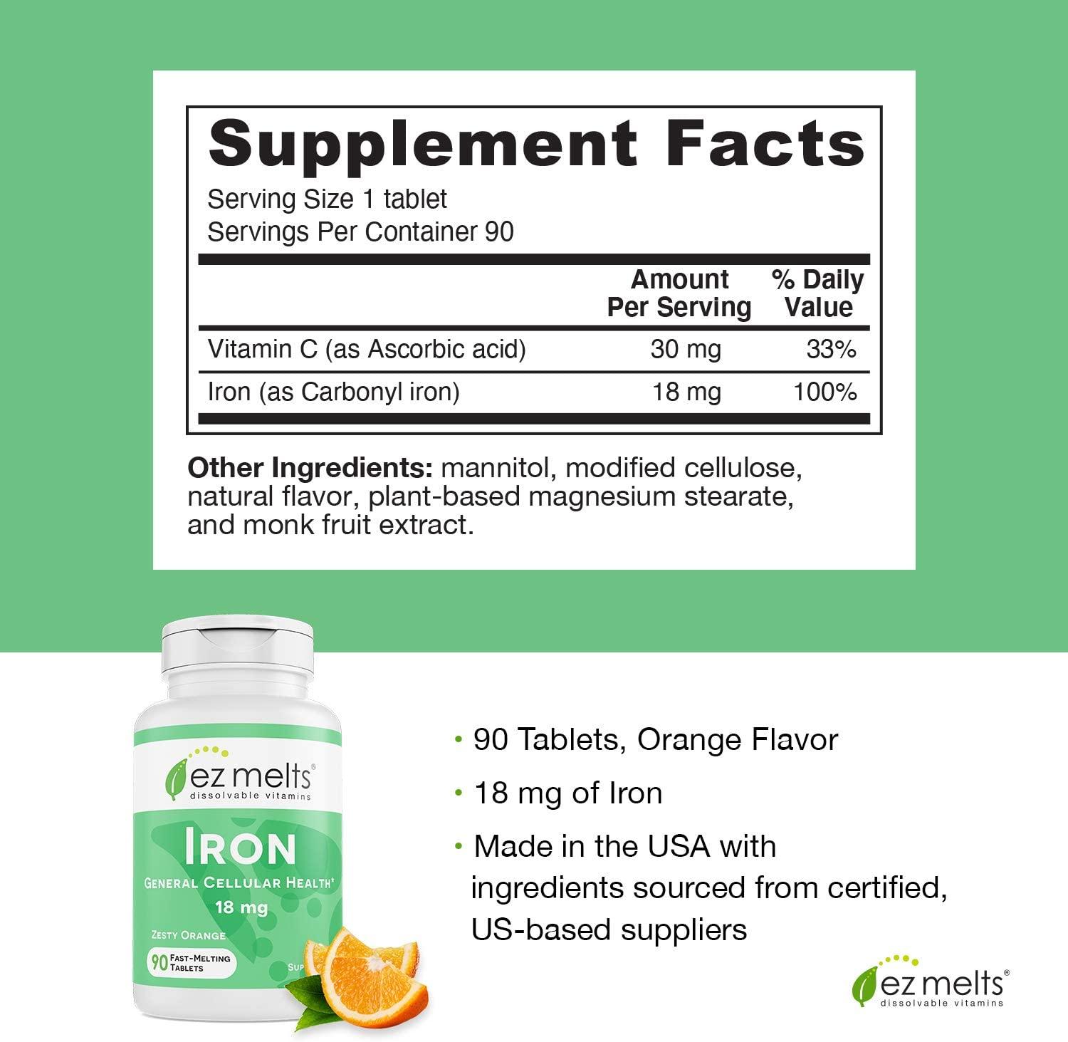 EZ Melts Iron 18mg Sublingual Vitamins Vegan, Zero Sugar, Natural ...