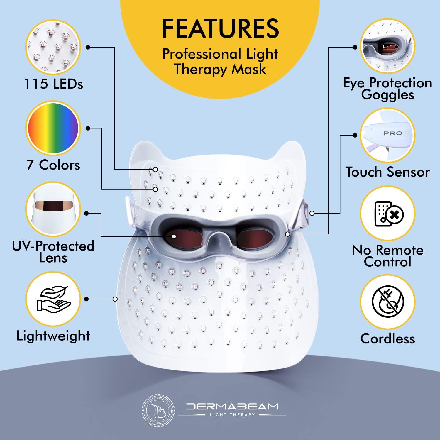 Dermabeam Pro LED Light Therapy Mask - 115 LEDs, 7 Colors, Anti-Wrinkle ...