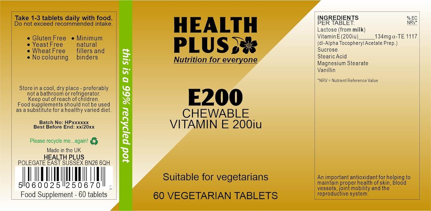 Health Plus E200 Chewable Vitamin E Supplement - 60 Tablets | Supports ...