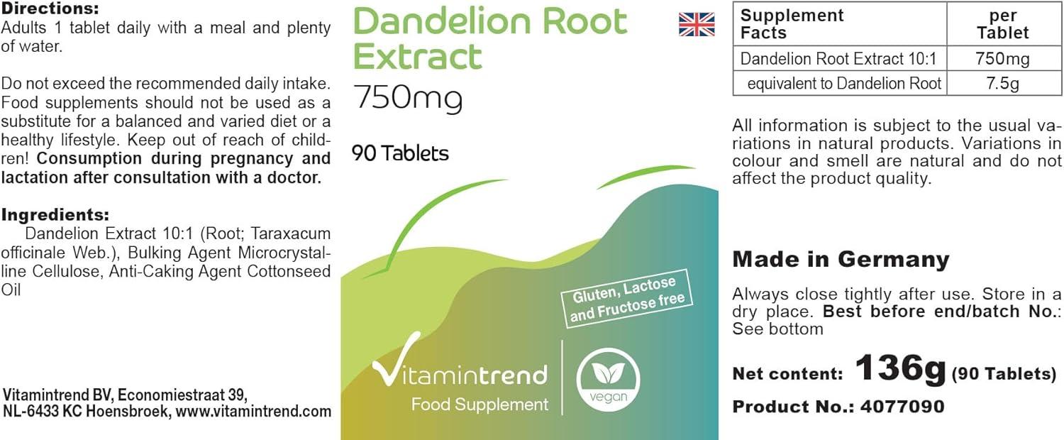 Dandelion Root Extract 750mg - with 750mg Dandelion Root Extract 10:1-90 Tablets - Highly Dosed ...