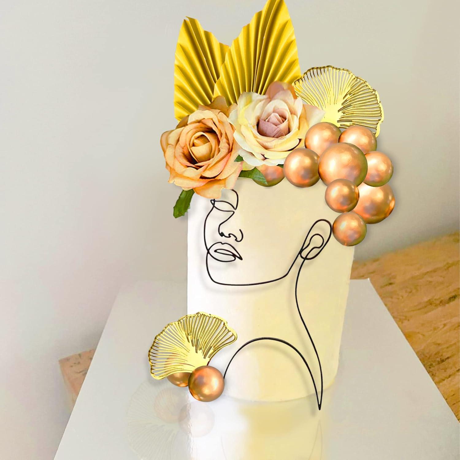 Champagne Acrylic Lady Face Cake Topper with Gold Leaves for Wedding ...