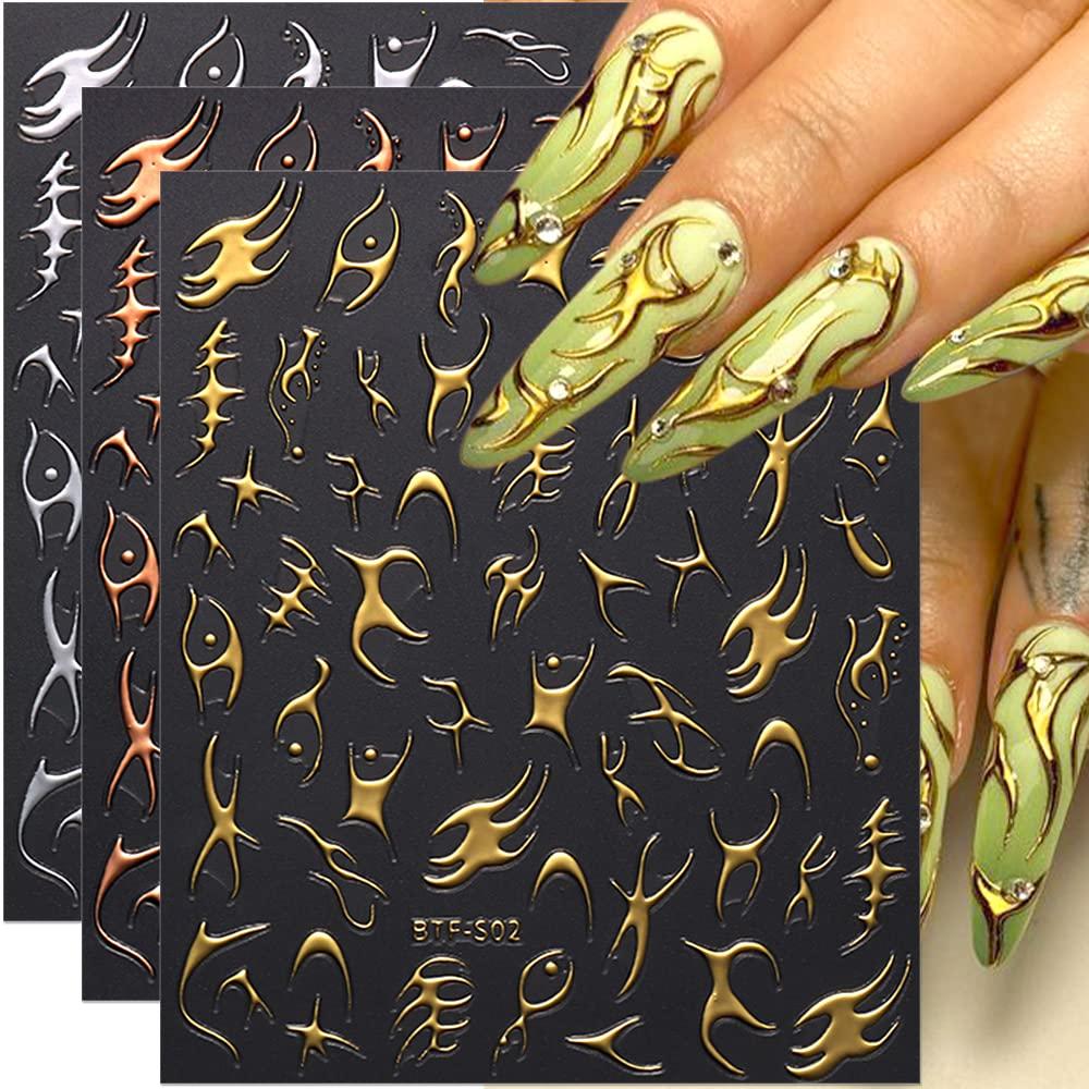 3D Fishbone & Metal Strip Nail Stickers - Bronzing & Silver Lines ...