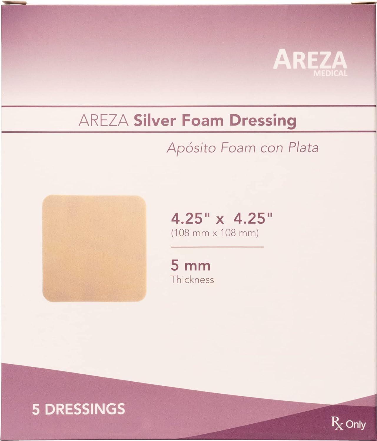 Areza Silver Foam Wound Dressing 4.25 x 4.25 Sterile - 5 Dressings per ...