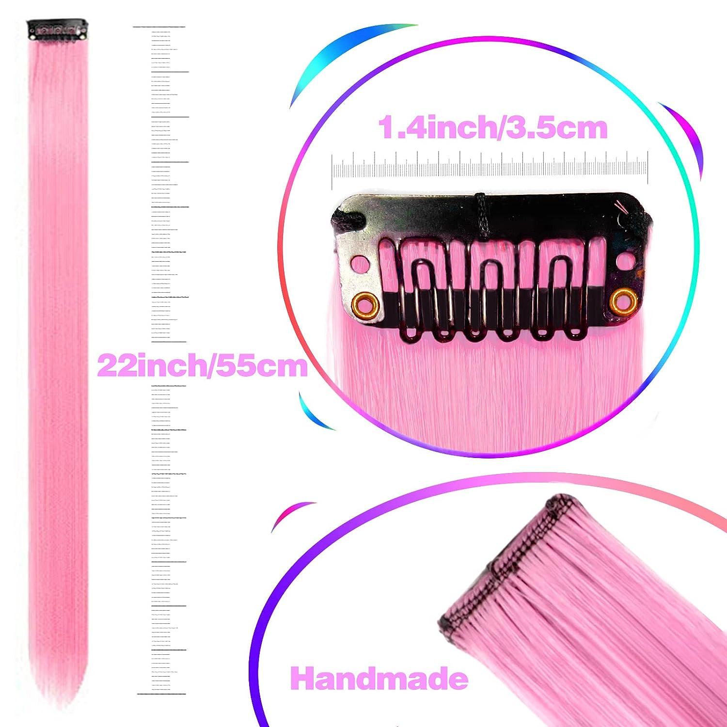 Pink Clip in Hair Extensions for Kids - 12 PCS 22 inch Colored Party ...