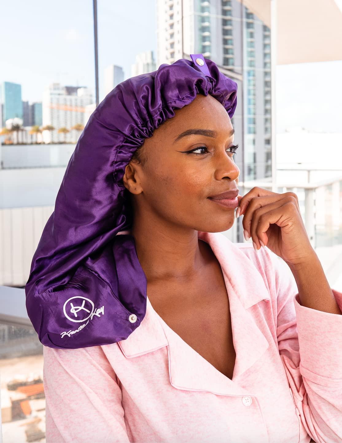 Knotless Kay Extra Long Satin Bonnet | Adjustable Snap Button | Purple ...