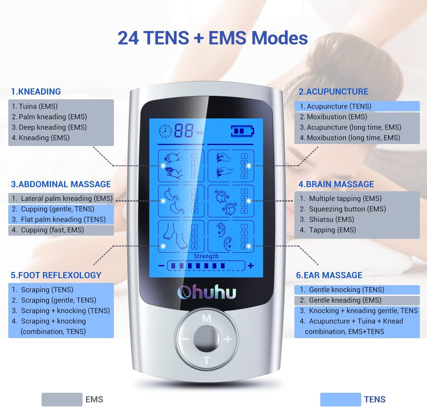 Ohuhu Tens Unit Muscle Stimulator 24 Modes Rechargeable Machine with 16 ...