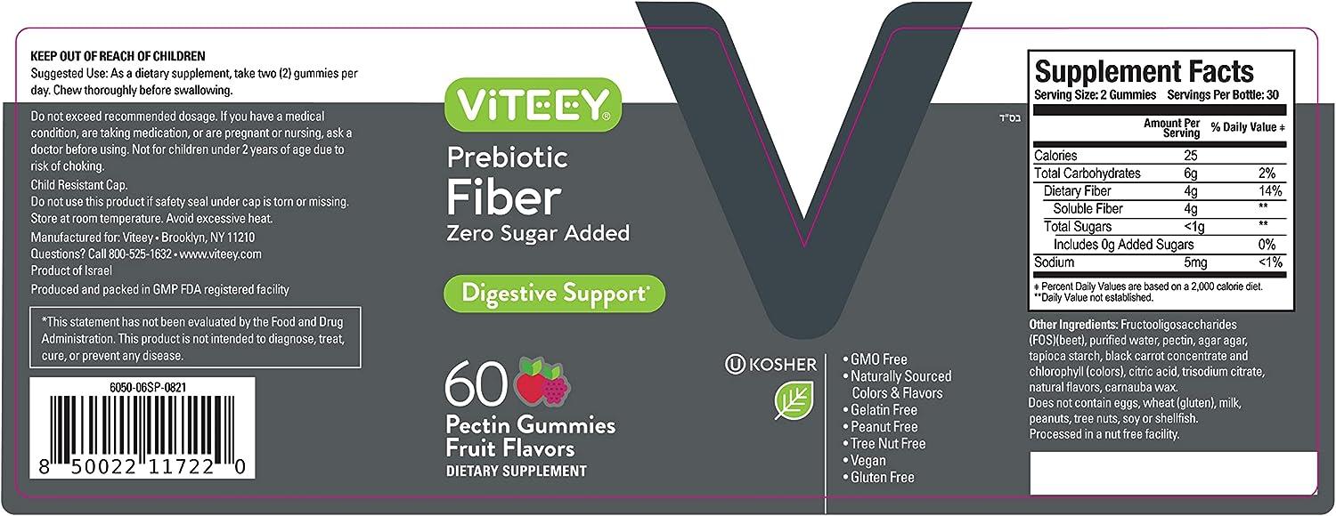 Viteey Fiber Prebiotic Gummies - Vegan Dietary Supplement for Digestive ...