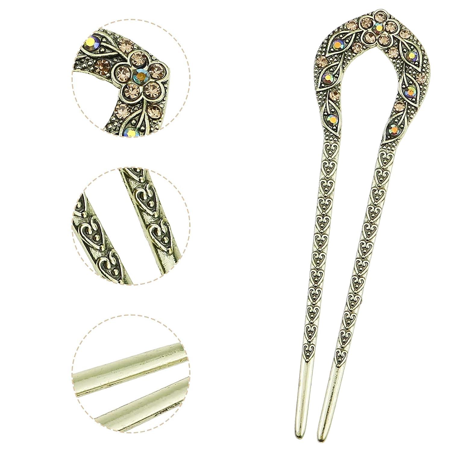 Vintage Crystal Rhinestone Double Prong Hair Stick Set - Champagne ...