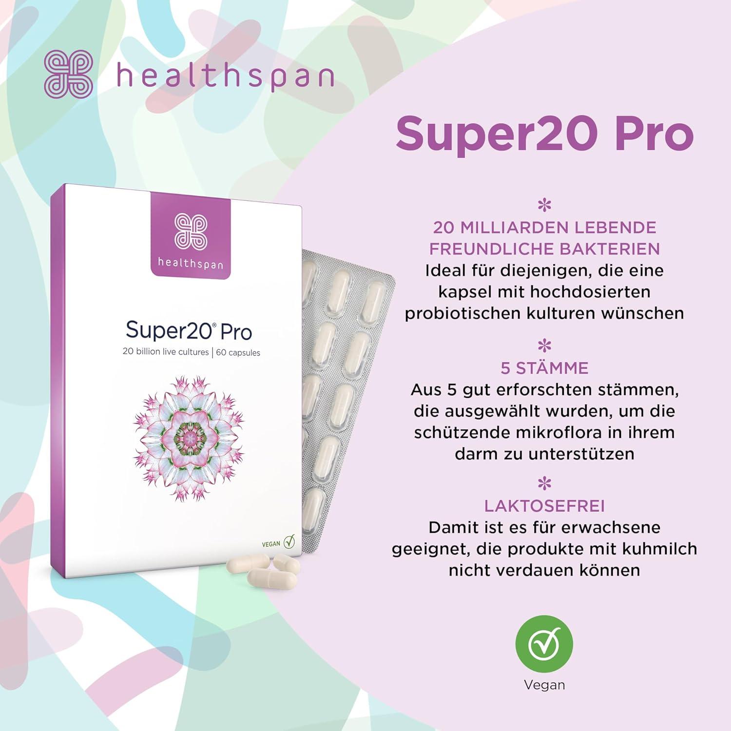 HealthSpan Super20 Probiotic - 20 Billion Cultures Vegan Lactose-Free ...