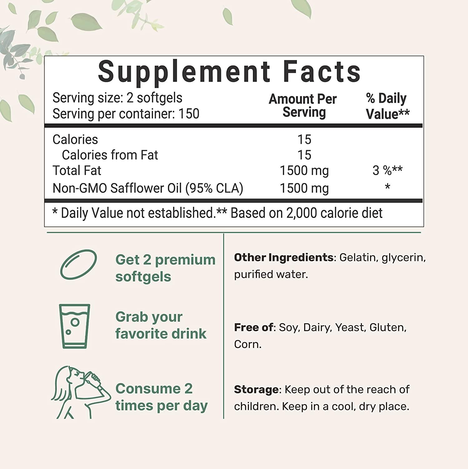 CLA 1500mg Softgels - 300 Count (5 Months Supply) | Made with 95% CLA ...