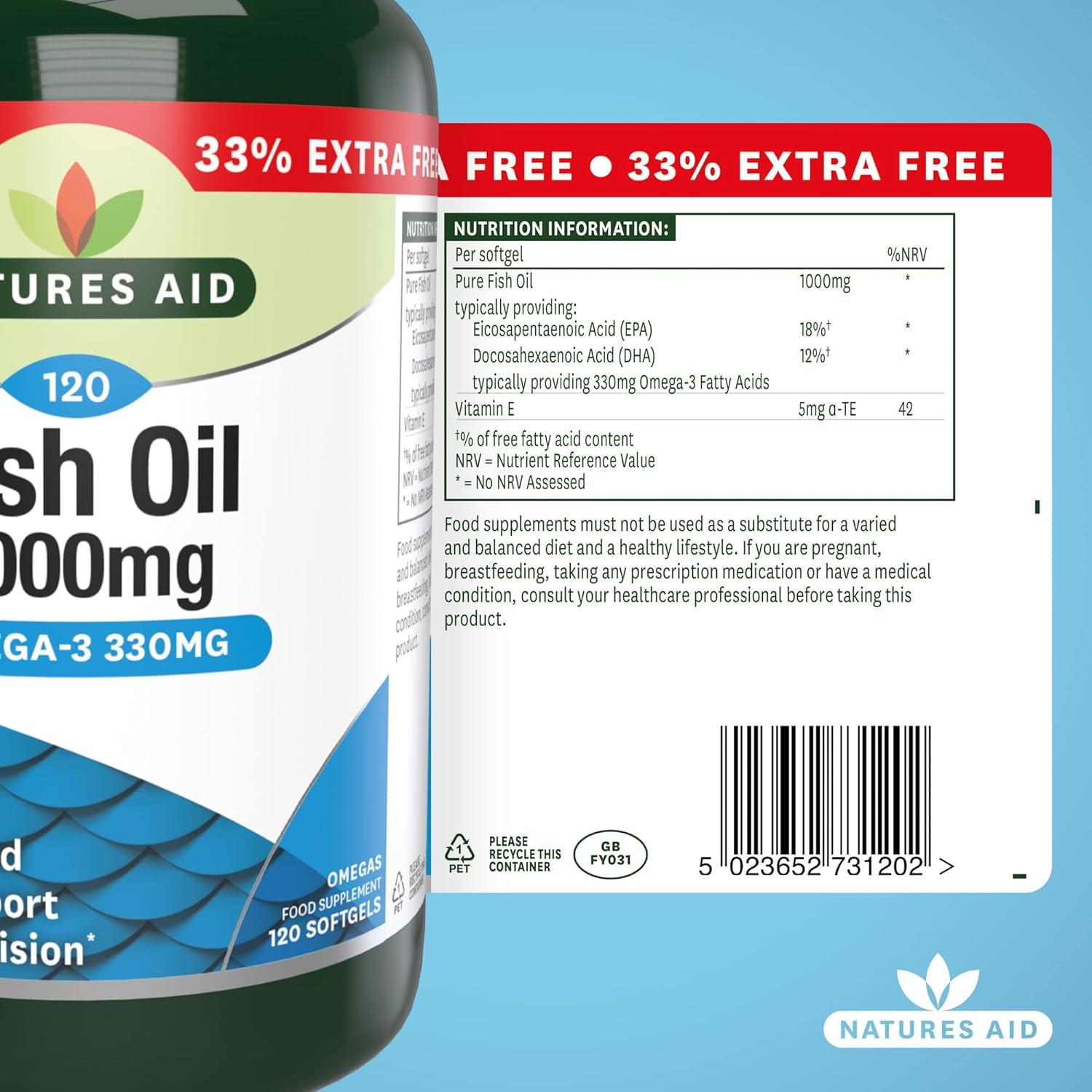 Natures Aid Fish Oil 1000mg | Omega 3 (180mg EPA & 120mg DHA) | 120 ...