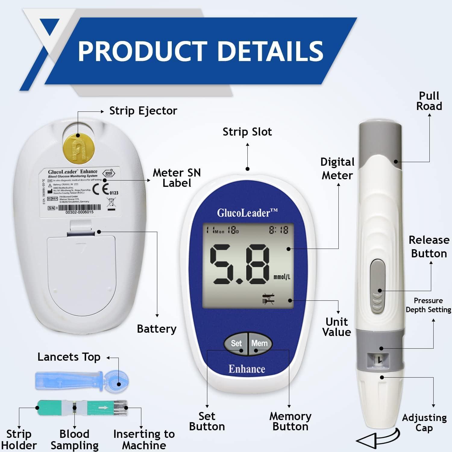 GlucoLeader Enhance Blood Sugar Monitor: 800 Memory Diabetes Testing ...