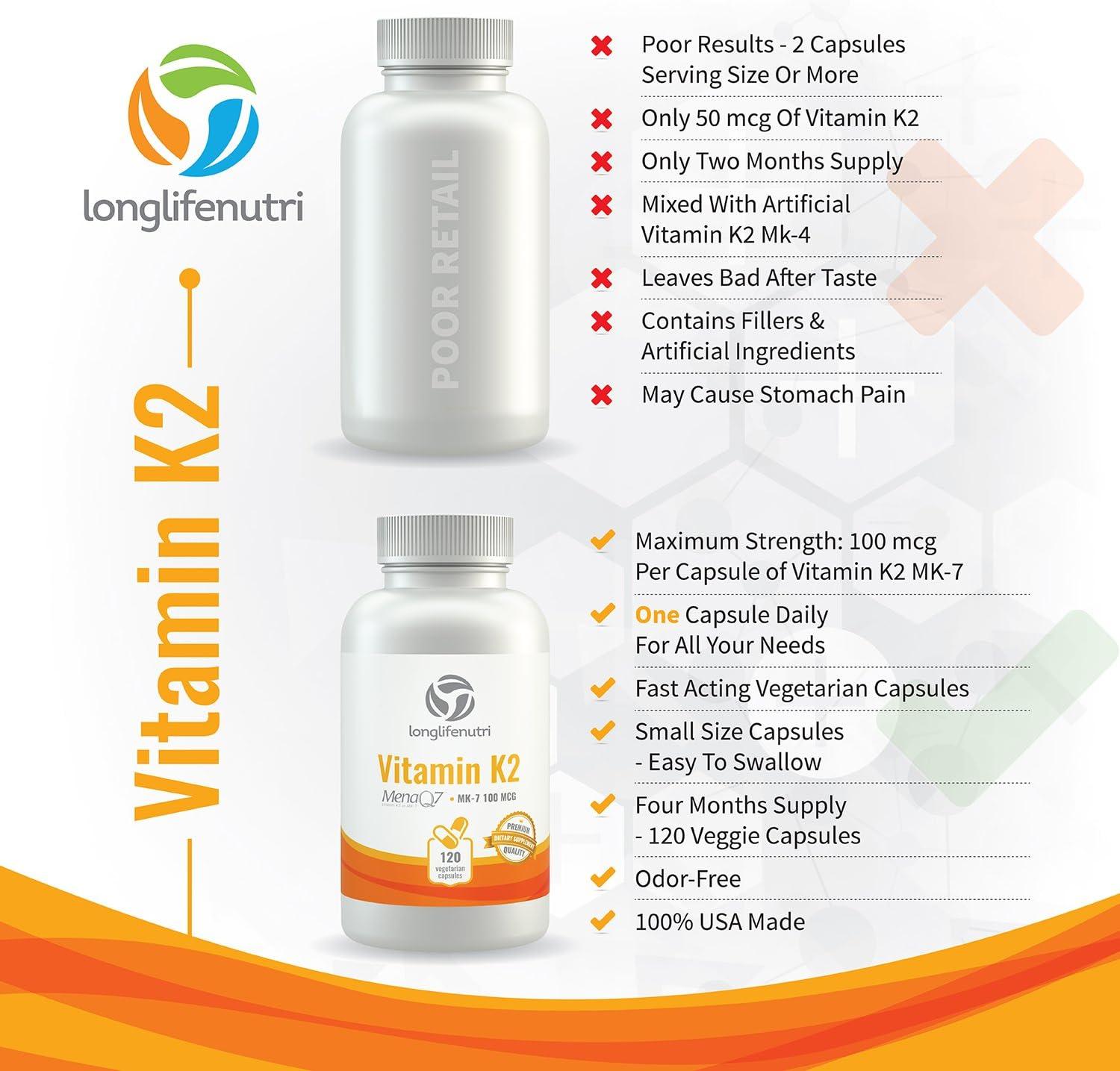 Vitamin K2 MK7 100mcg with MenaQ7, 120 Vegetarian Capsules | Heart and Bone Health Supplement ...