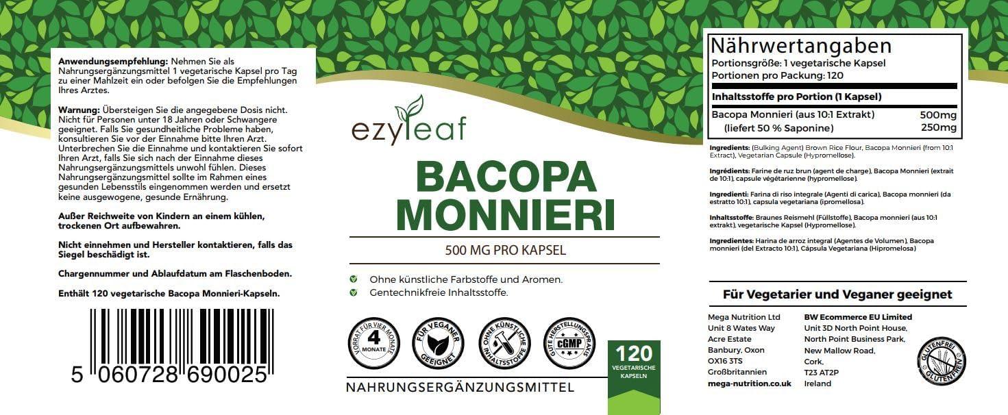 Ezyleaf Bacopa Monnieri 500mg | High Strength 50% Bacosides | 120 ...