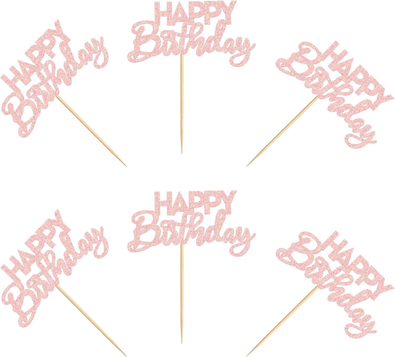 Ercadio 24 Pack Happy Birthday Cupcake Toppers Light Pink Glitter ...