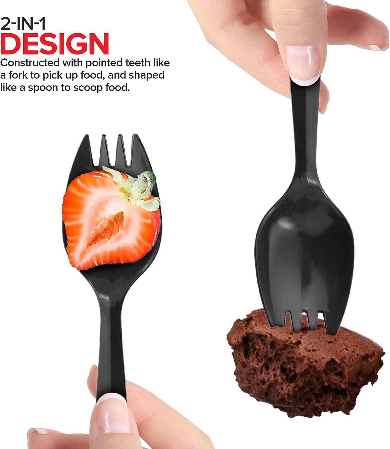 100 Pack Disposable Sporks - Black Plastic, BPA Free, Heavy Weight Fork ...