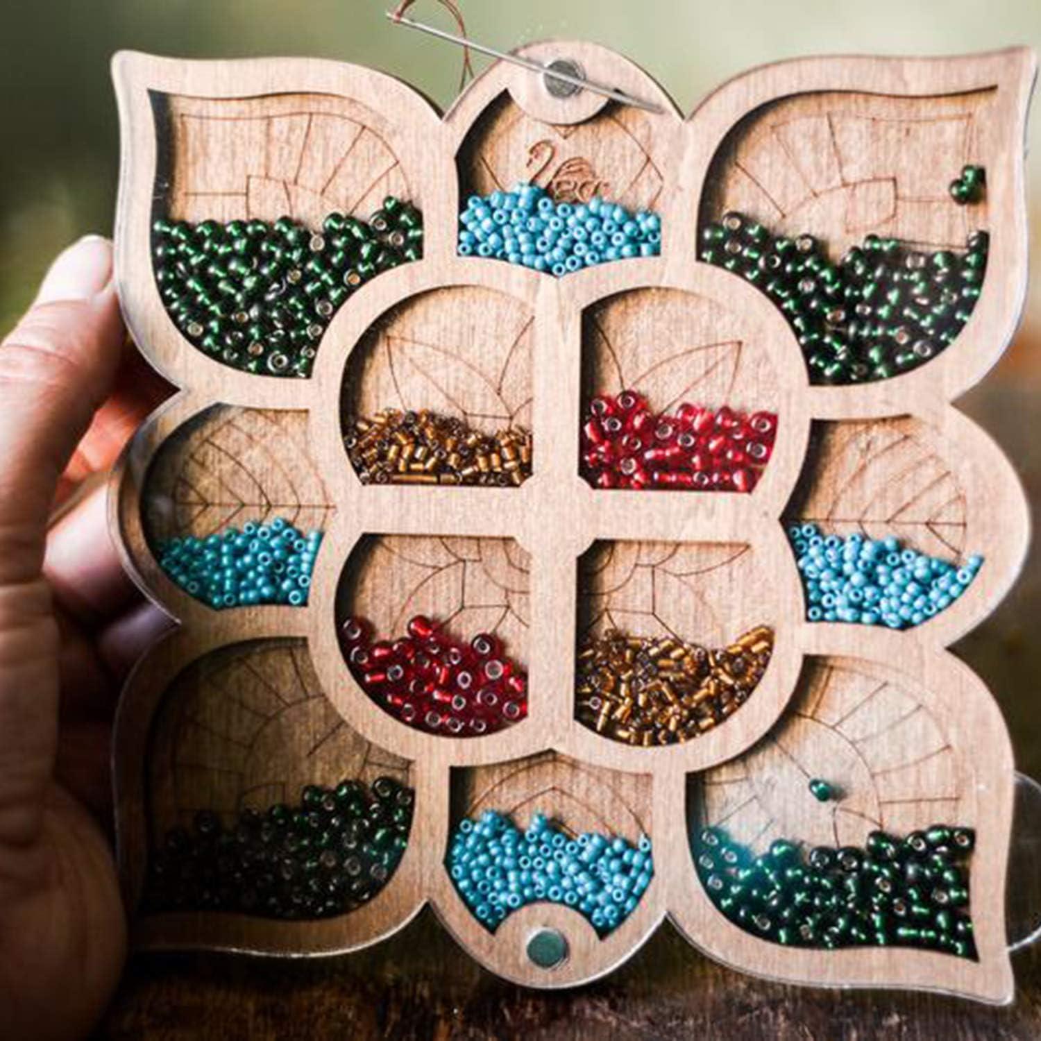 Wood Bead Box with Lid and Needle Magnet - Flower Bead Supply Storage ...