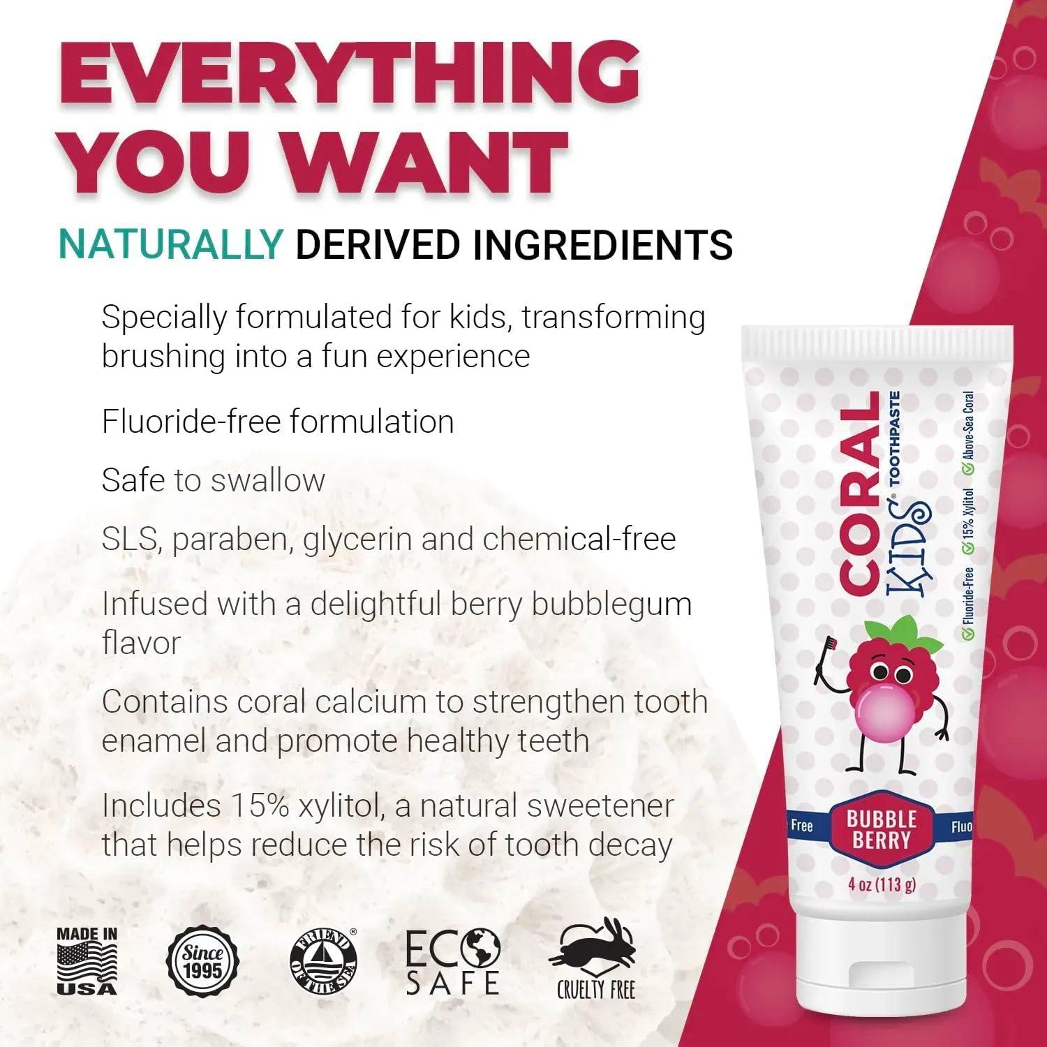 Coral White Kids Fluoride-Free Toothpaste - Berry Bubblegum Flavor 6oz ...