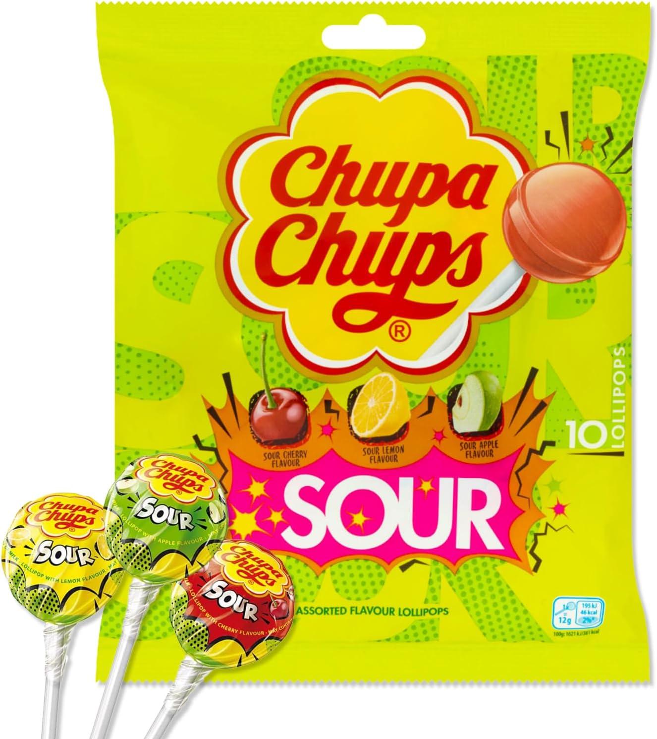 Chupa Chups Sour Lollipops - 20 Lollies (2x10) Iconic Flavours: Cherry ...