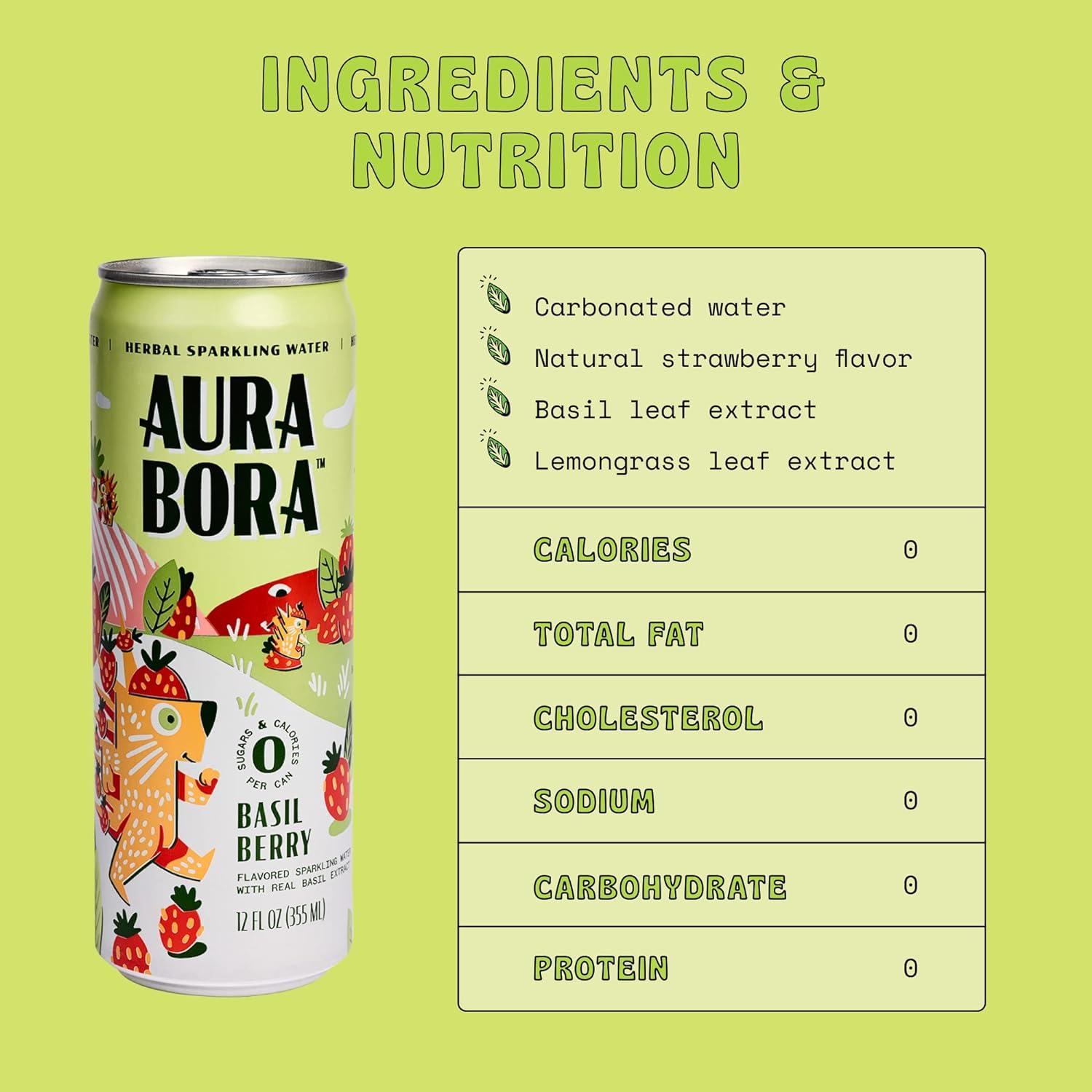 Basil Berry Herbal Sparkling Water by Aura Bora - 12 oz Can (Pack of 12 ...
