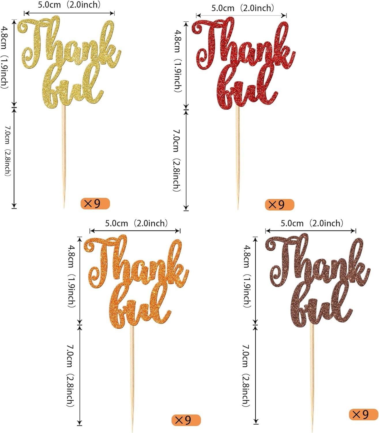 36 Pack Thankful Cupcake Toppers Glitter Thank You Cupcake Picks ...