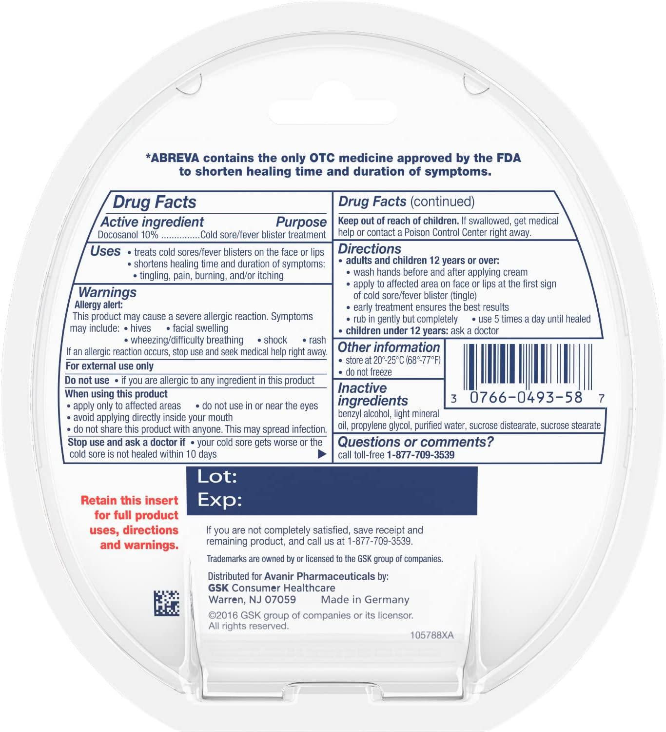 Abreva Docosanol 10% Cream Cold Sore Treatment - 0.07 Oz (Pack of 2 ...